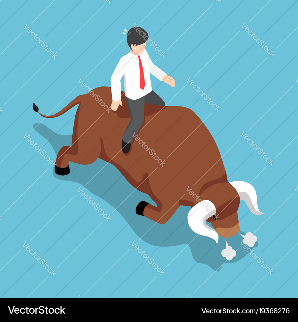 Isometric businessman sitting on angry bull back Vector Image