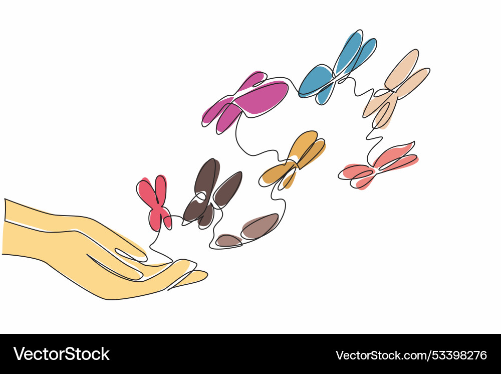 Single one line drawing two open hands releasing Vector Image