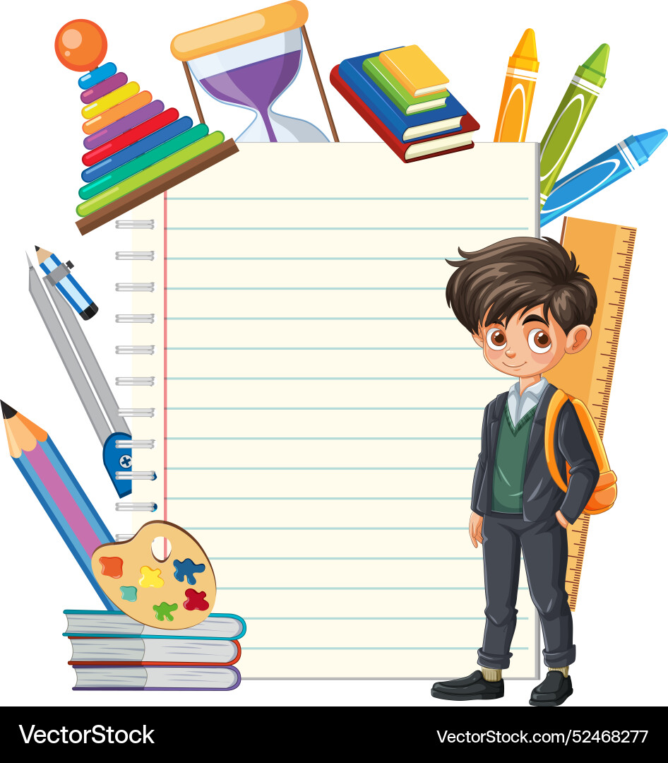 Student with school supplies and blank notebook Vector Image
