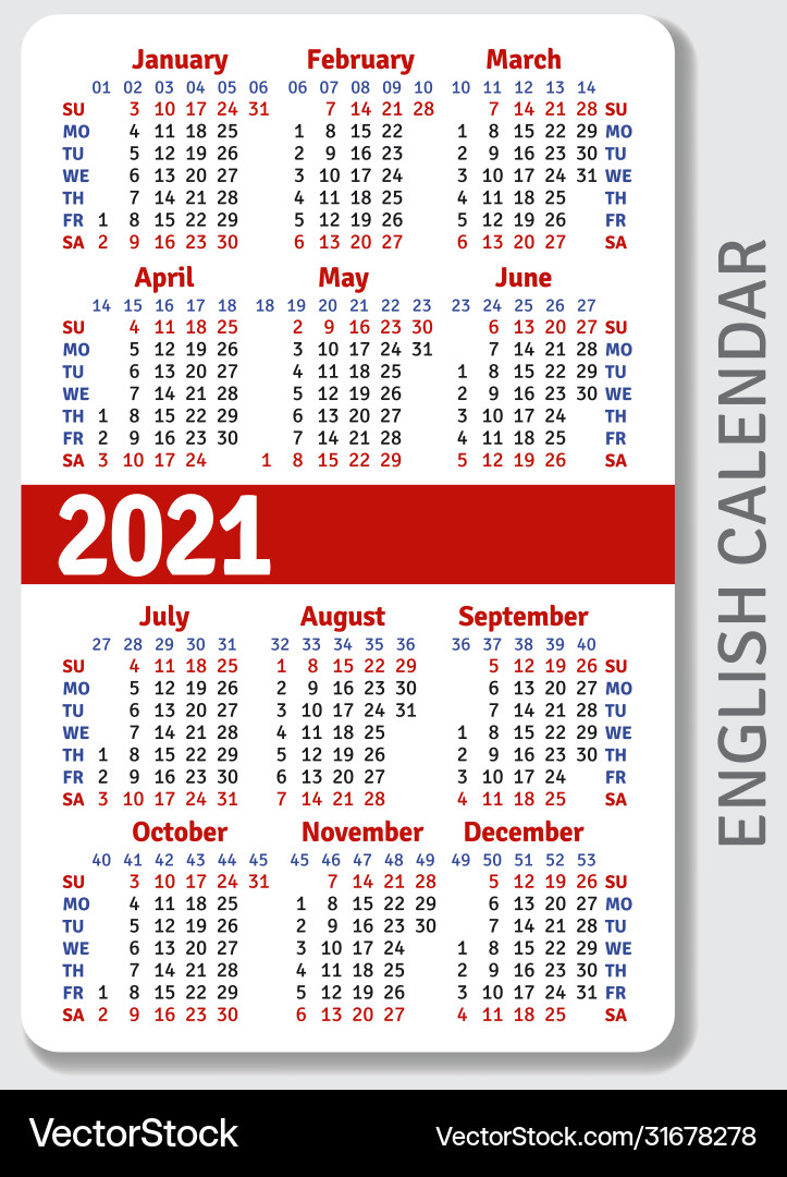 Englisch calendar grid for 2021 Lizenzfreies Vektorbild