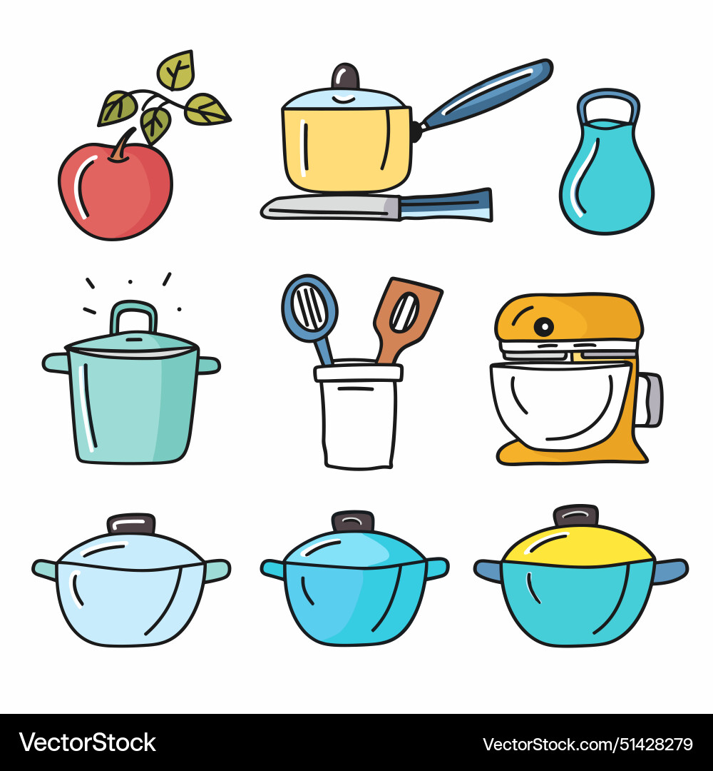 Assorted kitchenware utensils colorful cooking Vector Image