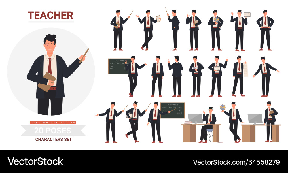 Teacher Man Pose Set - School Professional Vector Image