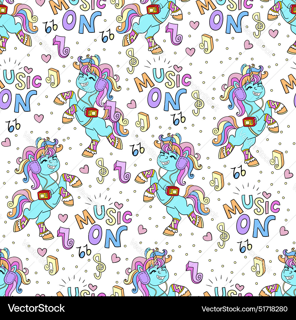 Seamless music unicorns pattern on a white Vector Image