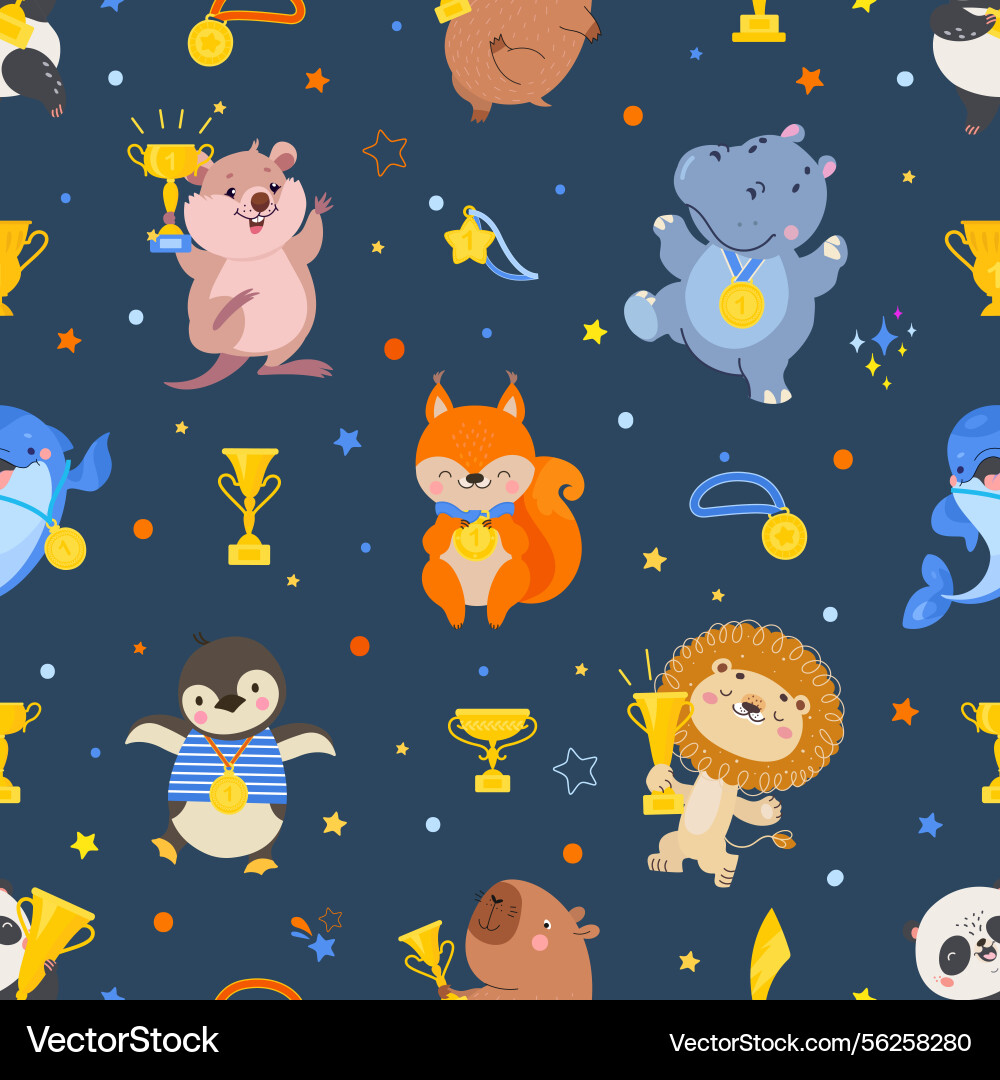 Winners seamless pattern cute happy animals Vector Image