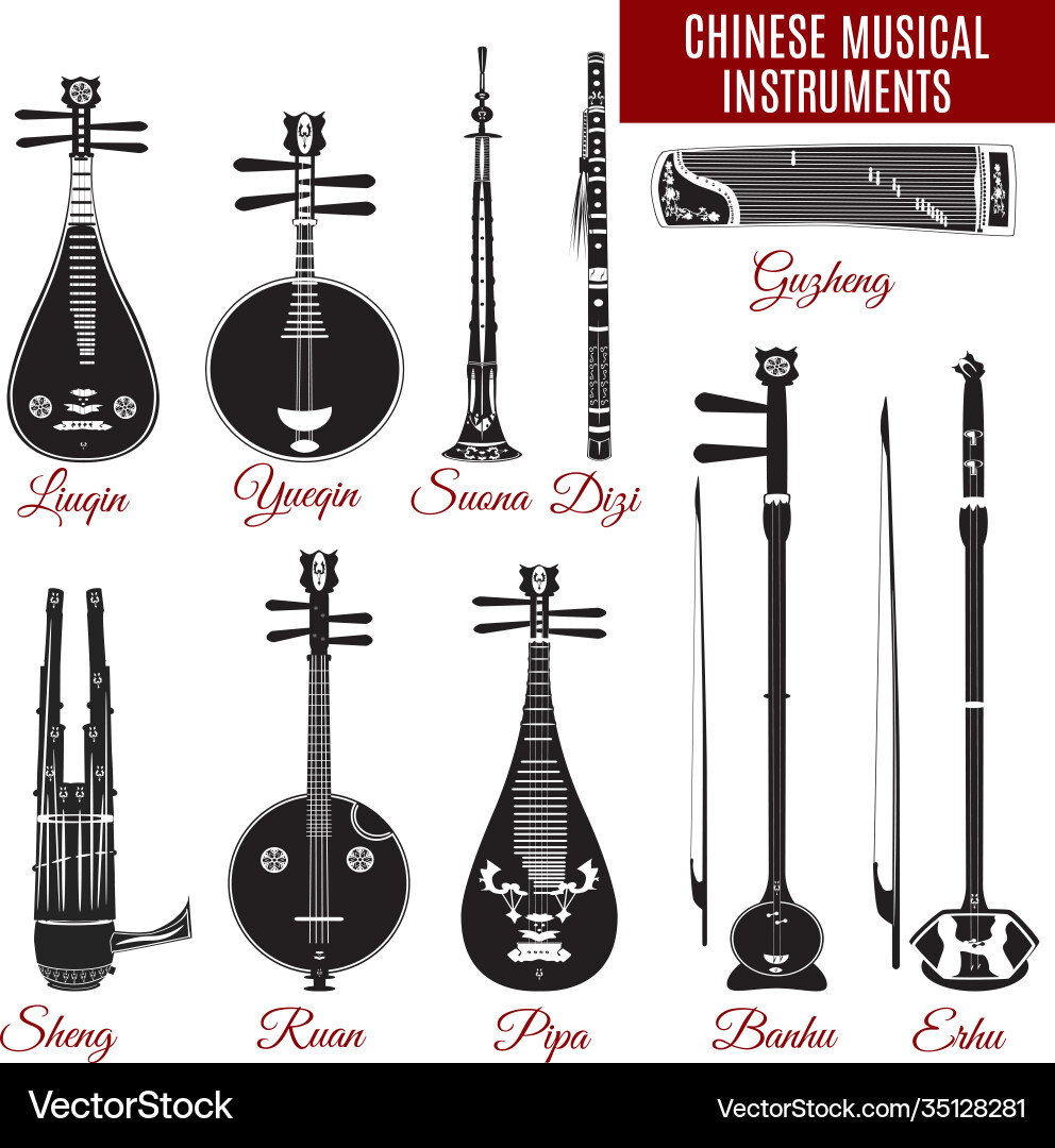 Black and white chinese musical instruments Vector Image