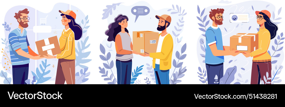 Delivery boxes cartoon scenes man woman Royalty Free Vector