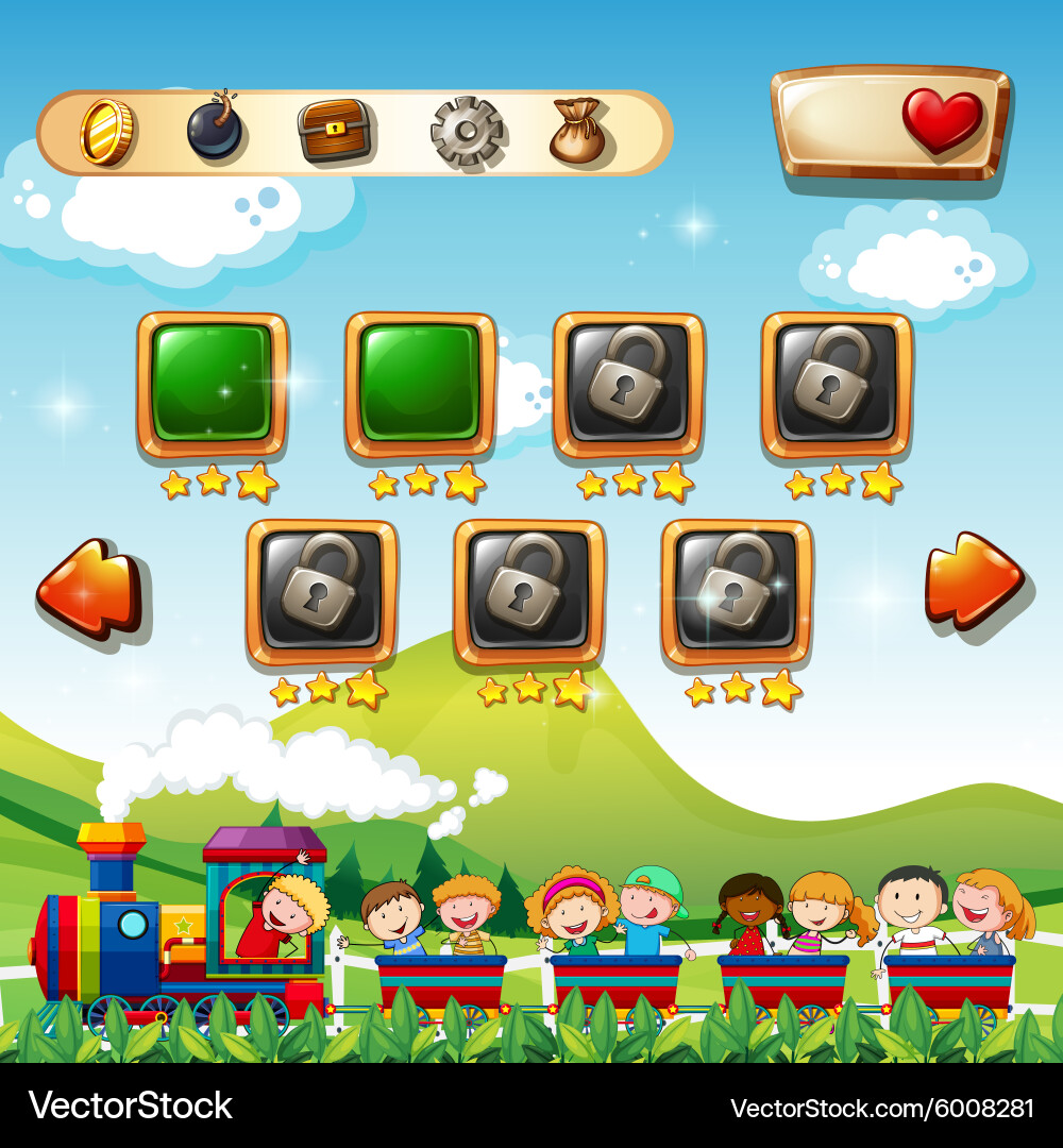 Game template with children on train Royalty Free Vector