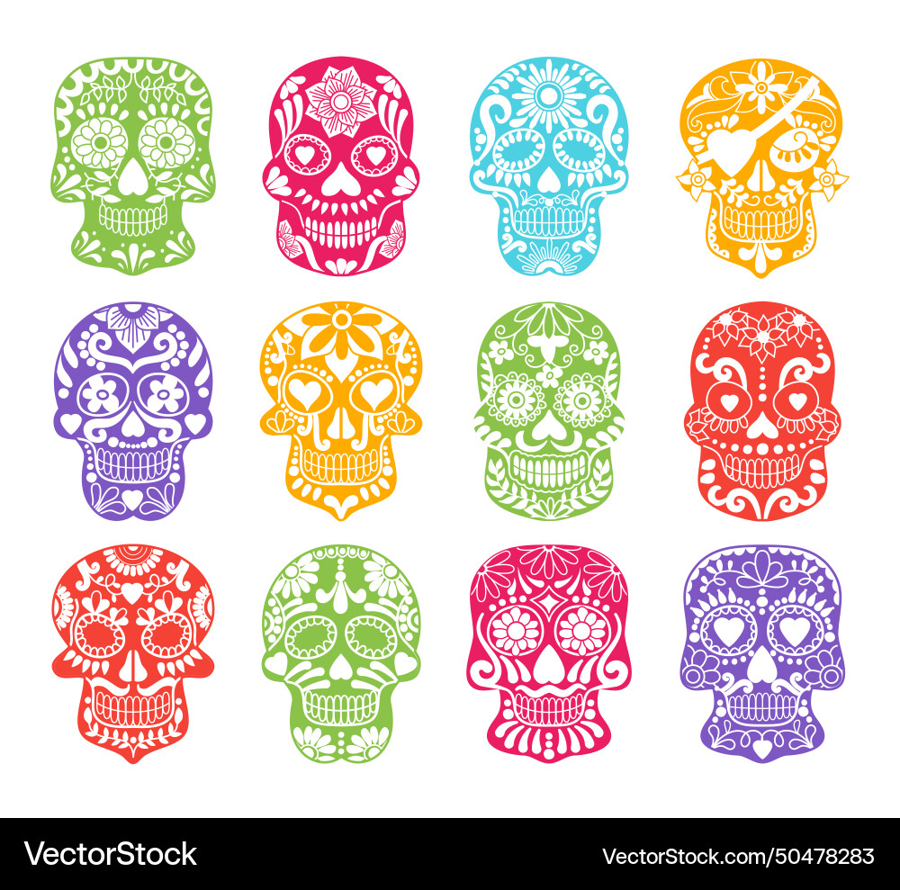 Colored sugar skull silhouettes cartoon evil signs