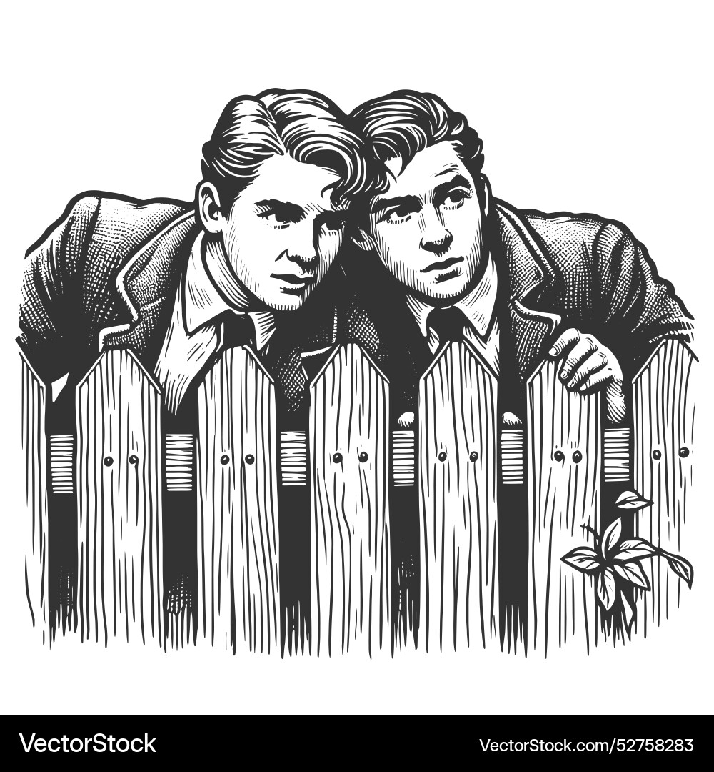 Two men leaning over fence Royalty Free Vector Image