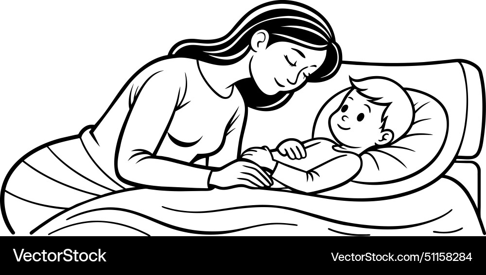 A mother tucking her child into bed Royalty Free Vector