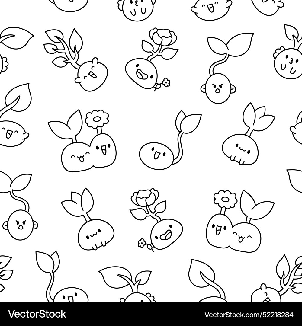 Cute kawaii seed with roots seamless pattern Vector Image