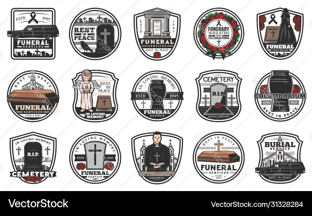 Funeral and funerary service icons Royalty Free Vector Image