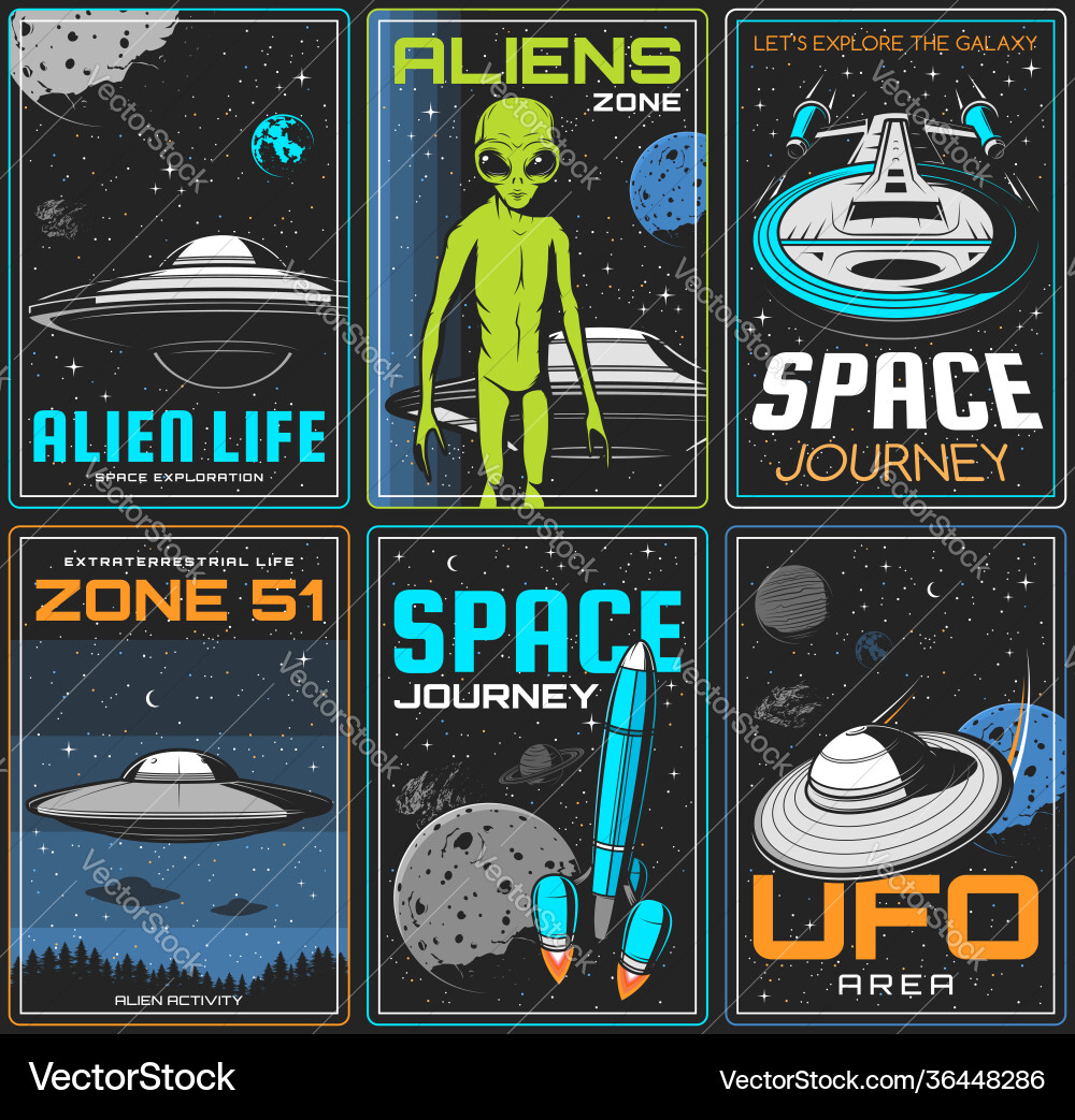 Alien zone space journey retro posters Royalty Free Vector