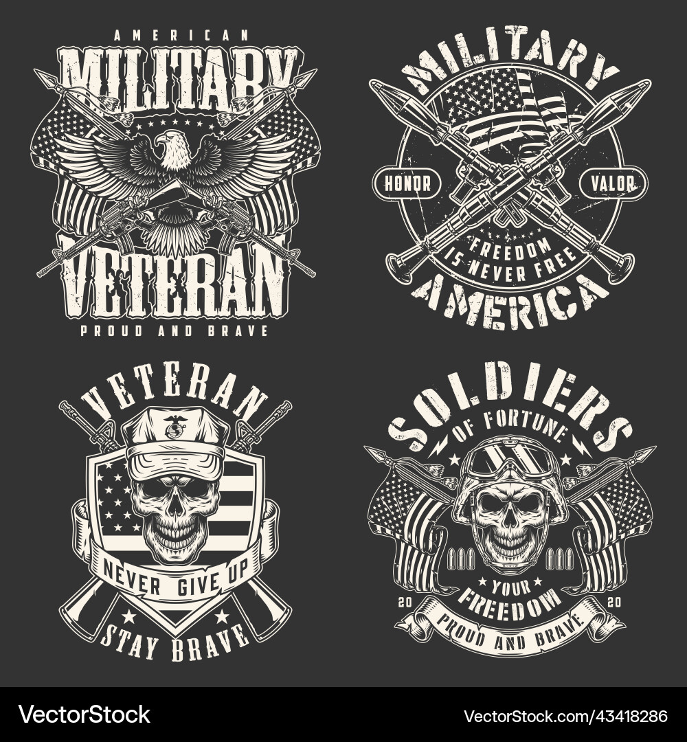 Military us set monochrome poster Royalty Free Vector Image