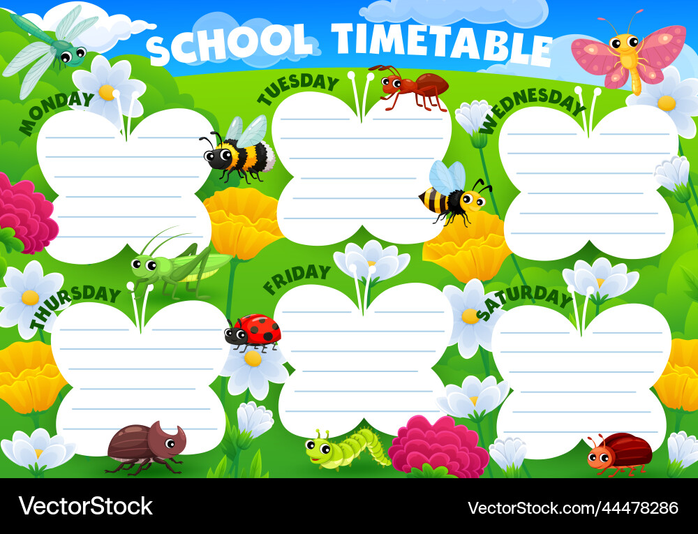 Timetable schedule with cartoon insect characters Vector Image