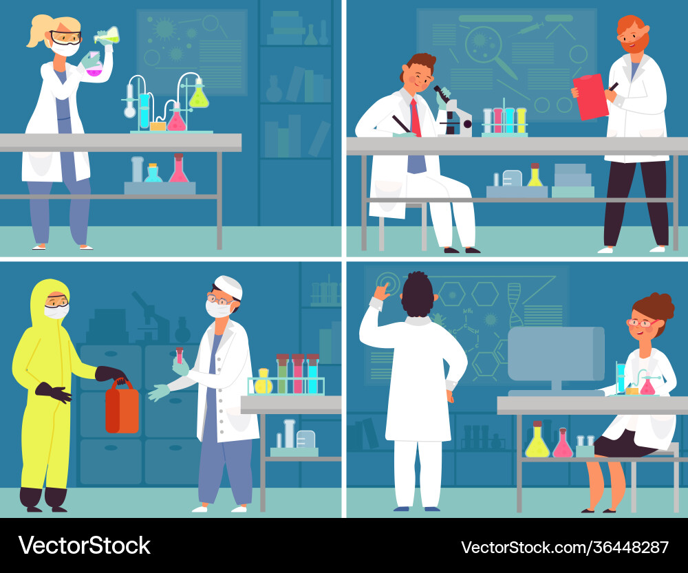 Medical laboratory characters lab work medicines Vector Image