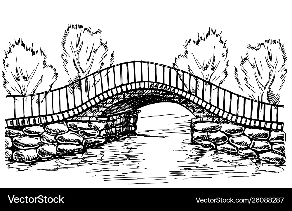 Stone bridge over river landscape sketch retro Vector Image