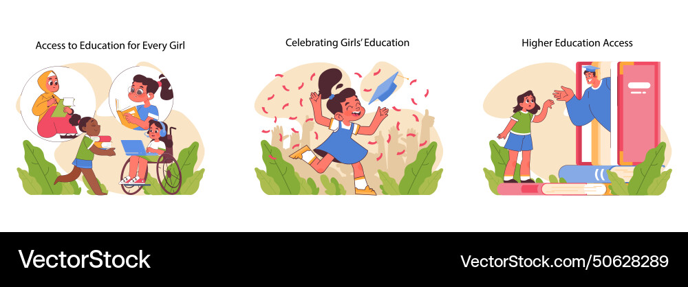 Girls education journey set flat Royalty Free Vector Image