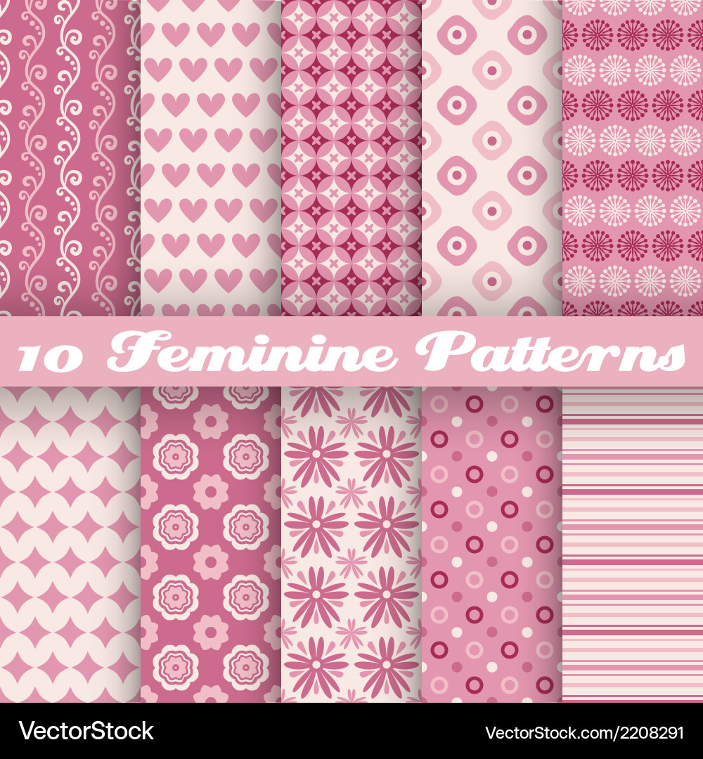 10 feminine seamless patterns tiling fond pink Vector Image