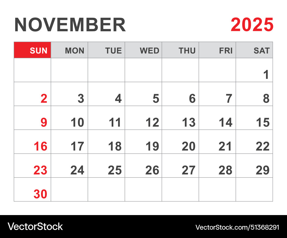 Calendar 2025 template november layout Royalty Free Vector