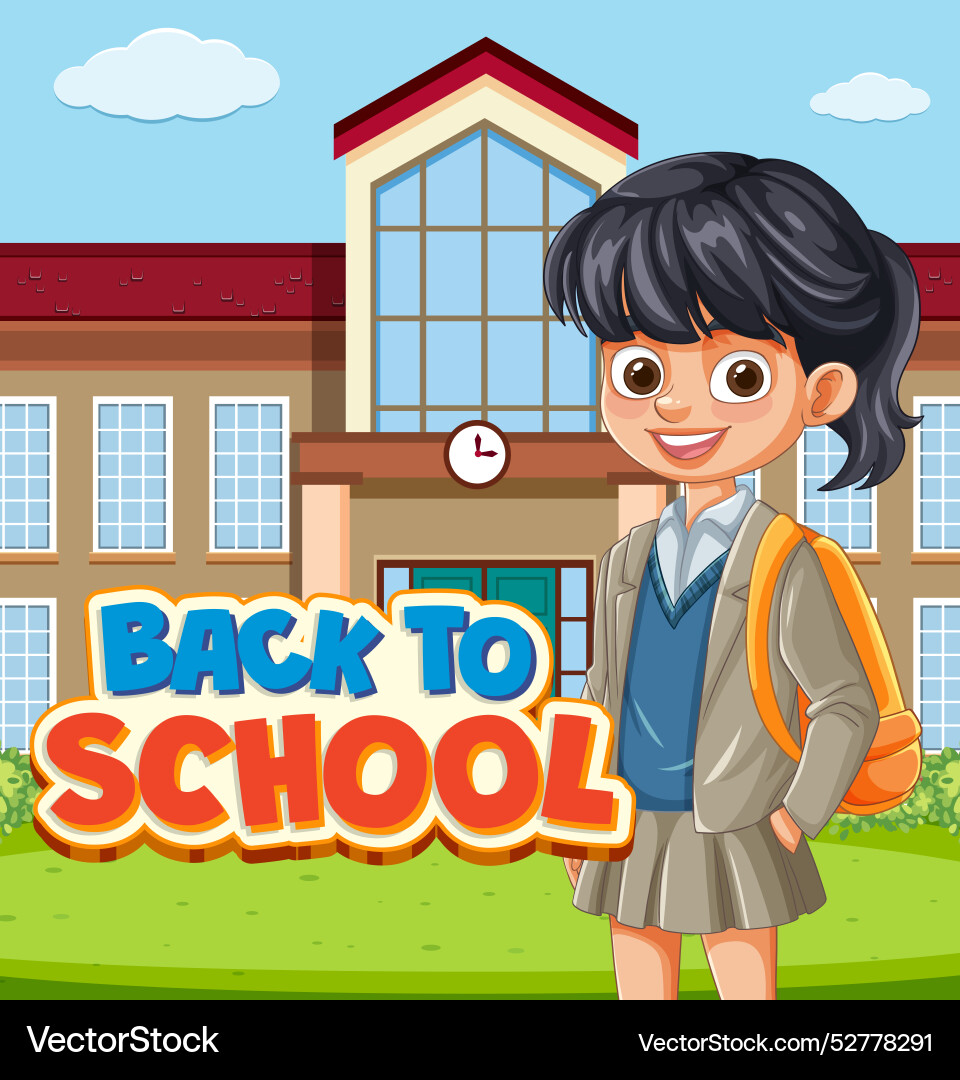 Student standing in front of school building Vector Image
