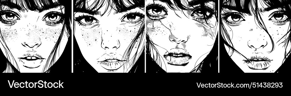 Girl face anime comic book ink sketch Royalty Free Vector