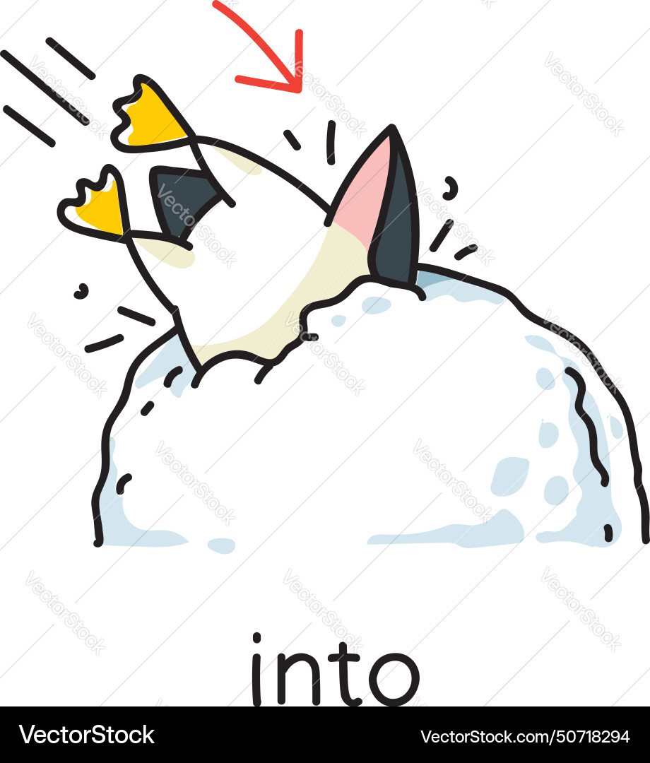 Preposition of movement penguin jumps into a snow Vector Image