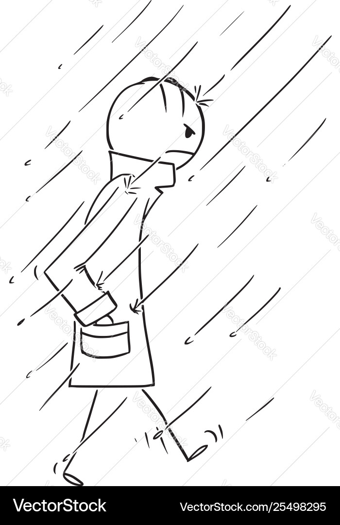 Cartoon man walking in heavy rain wrapped Vector Image