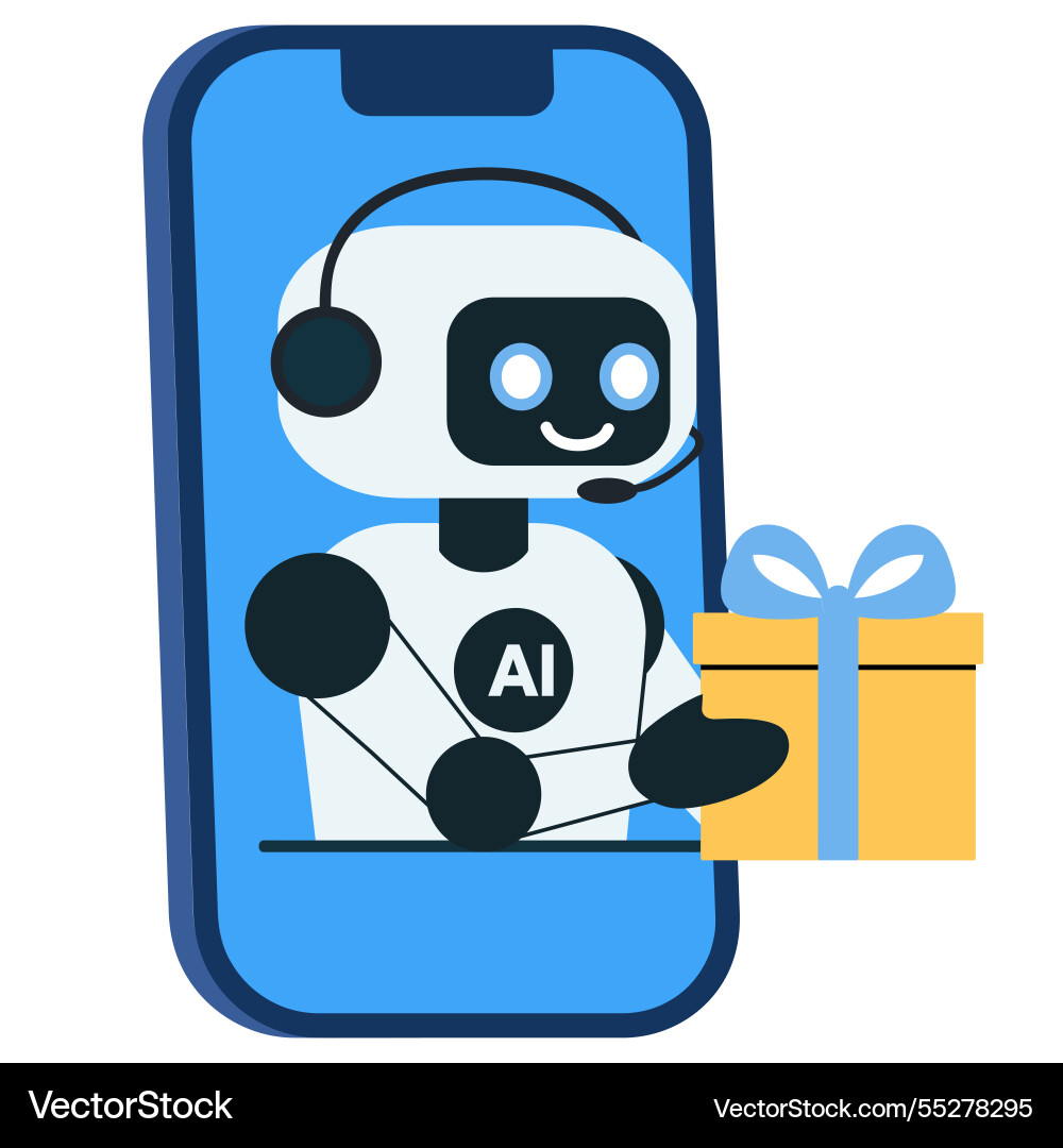 Chat bot with gift from mobile Royalty Free Vector Image