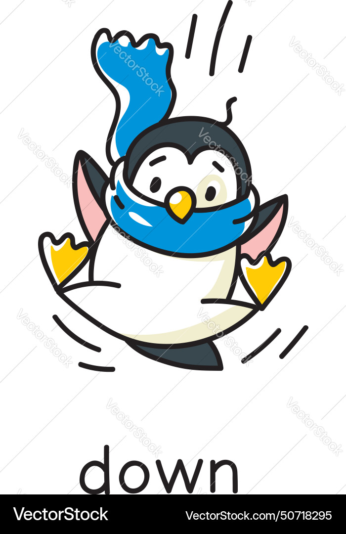 Preposition of movement penguin is falls down Vector Image