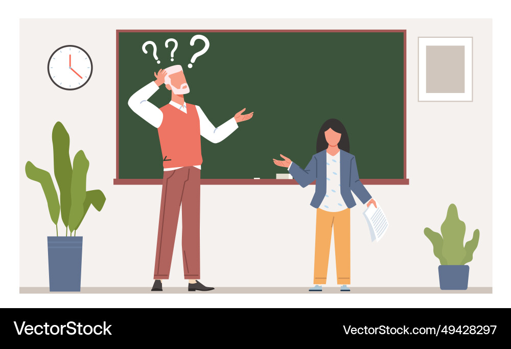 Bewildered teacher stands at blackboard confused Vector Image