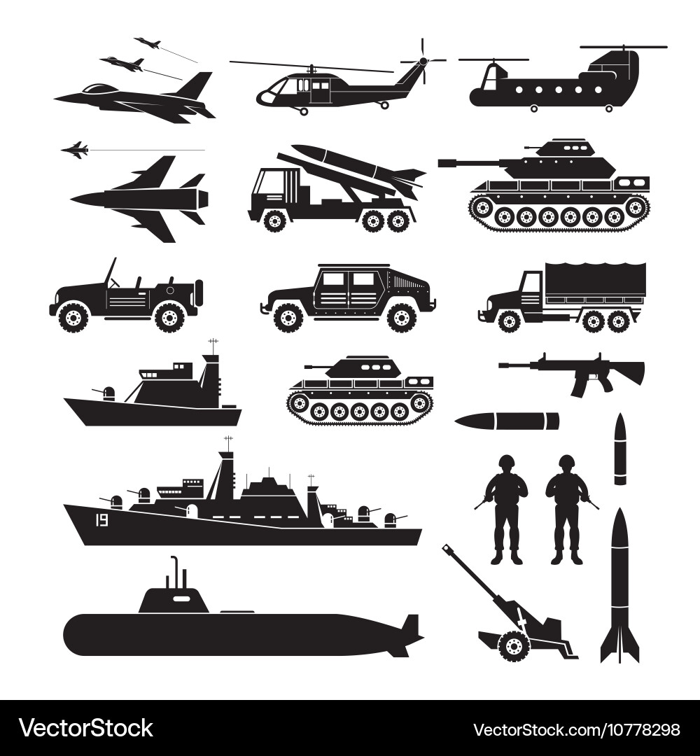 Military vehicles object silhouette set side view Vector Image