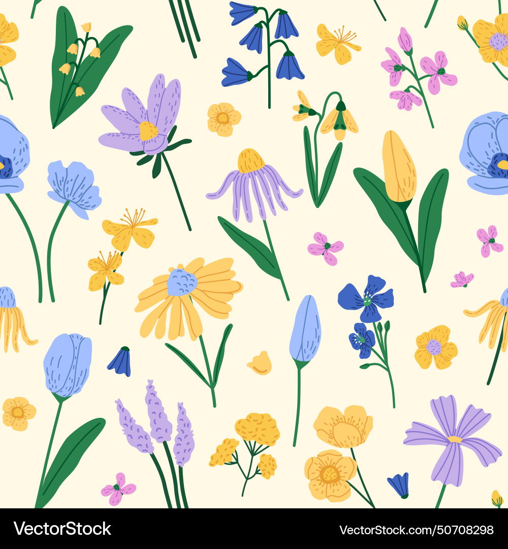 Repeatable pattern of different wildflowers Vector Image