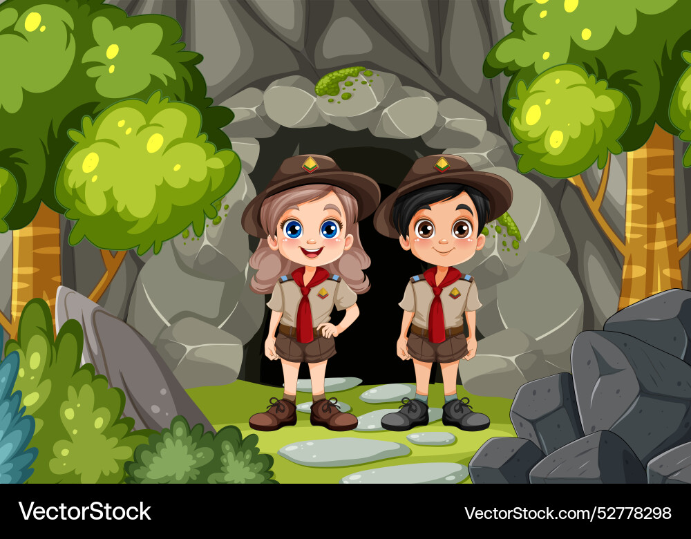 Two scouts standing in front of a cave Royalty Free Vector
