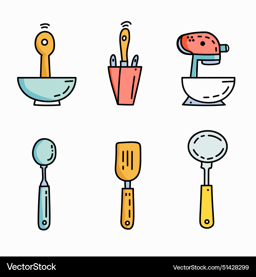 Kitchen utensils set cartoon style isolated white Vector Image