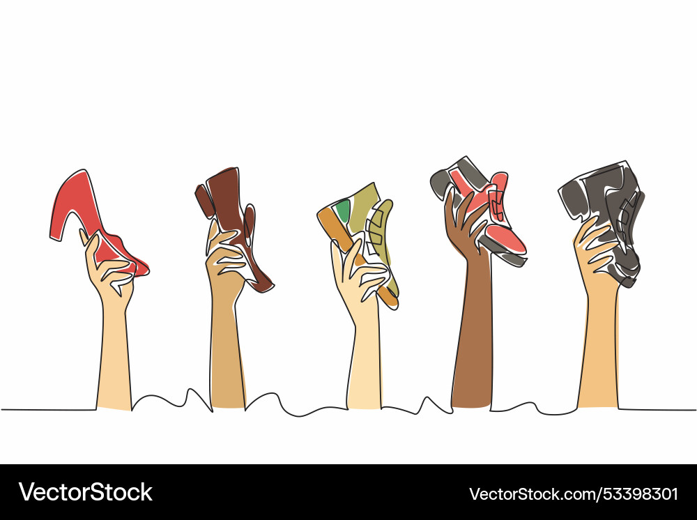 Single one line drawing five hands raised holding Vector Image