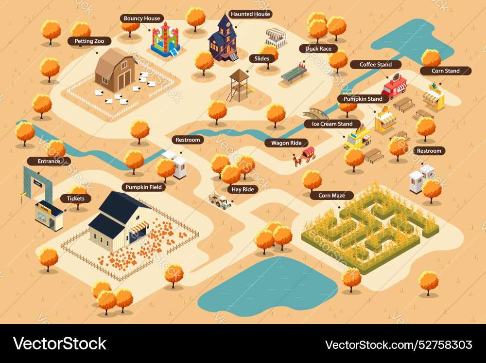 Isometric map of a pumpkin farm for pumpkin patch Vector Image