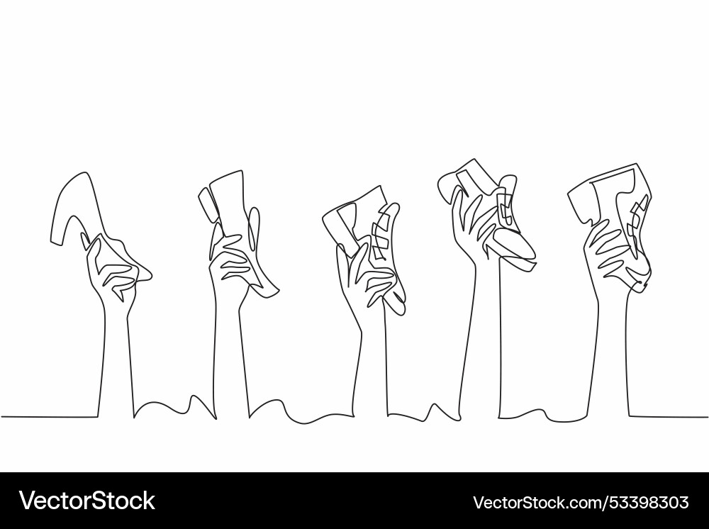Single one line drawing five hands raised holding Vector Image