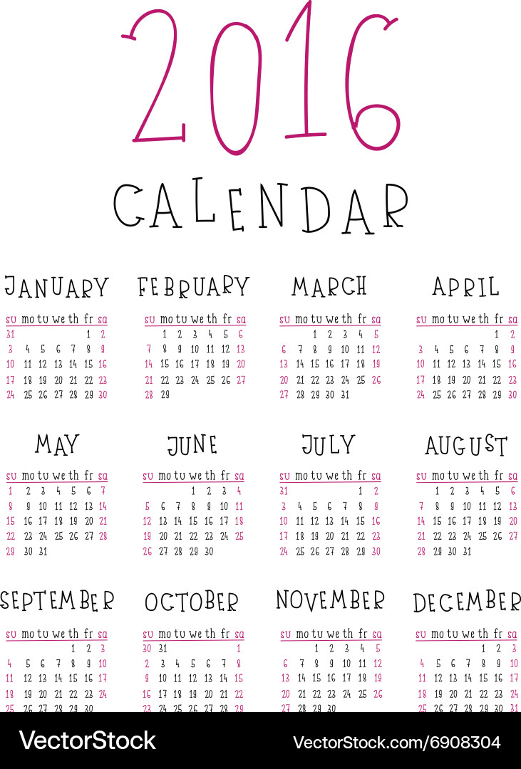 2016 Pink & Black Handwritten Calendar Vector Image