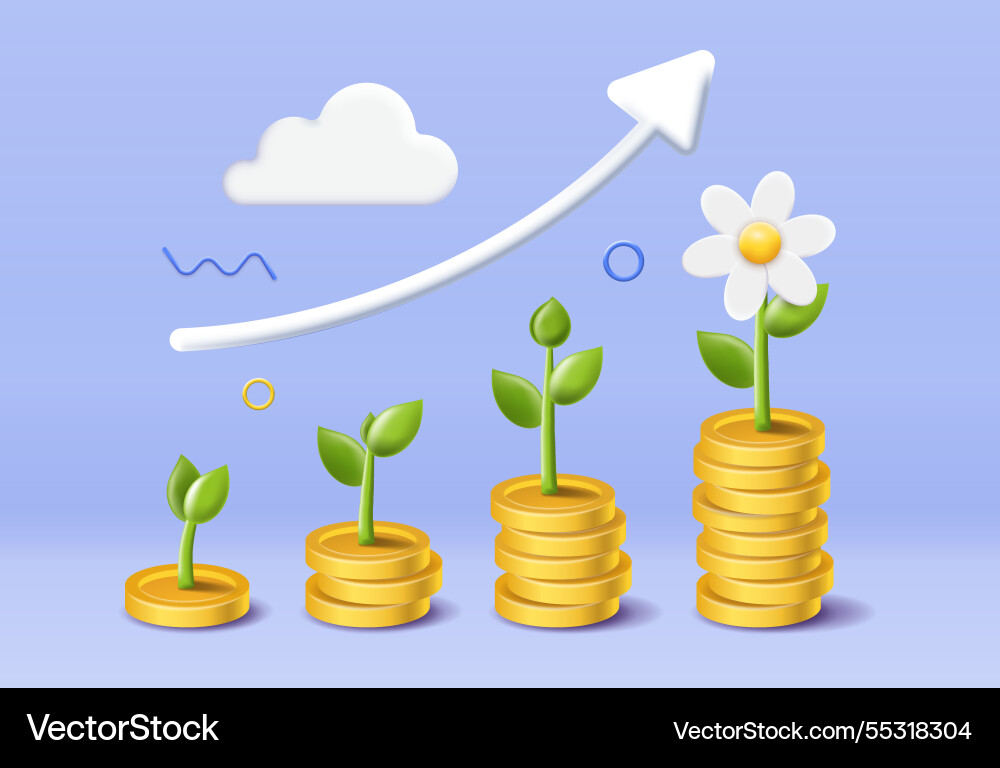 3d money growth stack of coins with sprouts Vector Image