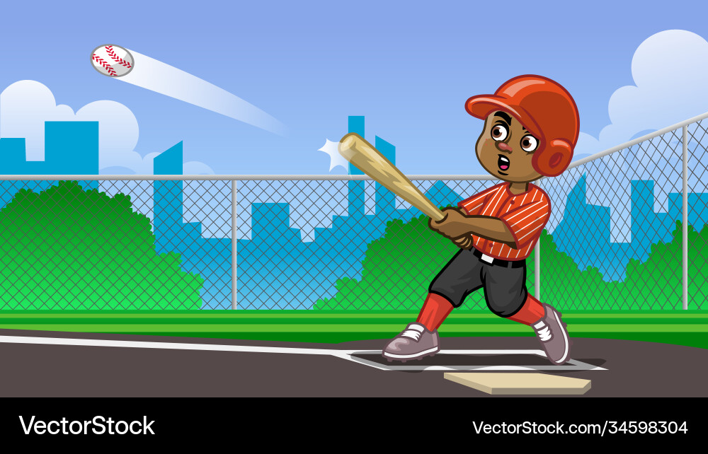 Cartoon black boy baseball player hitting Vector Image