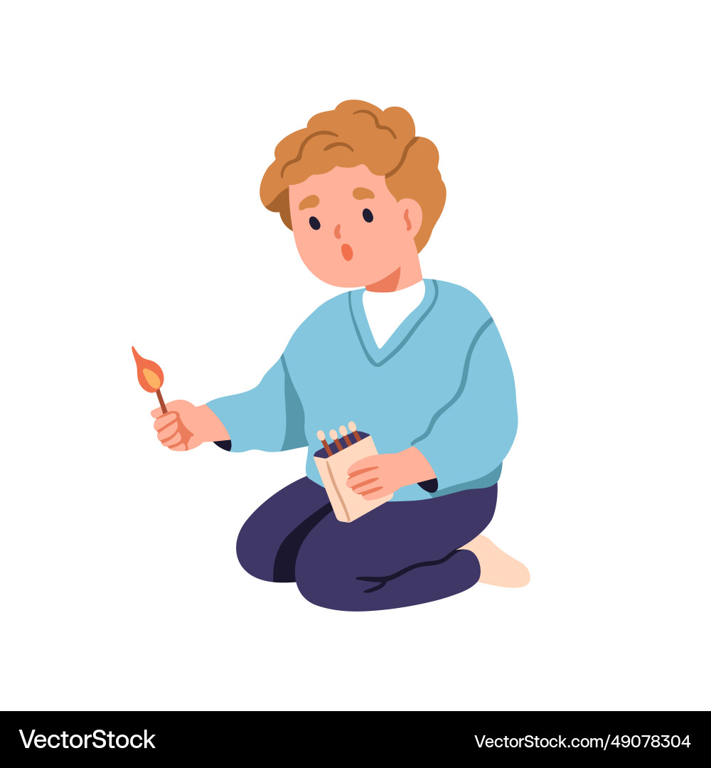 Kid playing with fire holding burning match Vector Image