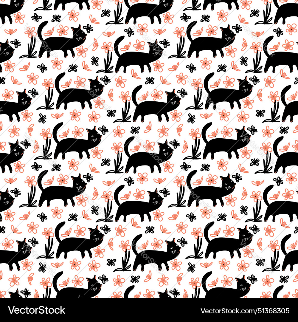 Seamless pattern cute black cats Royalty Free Vector Image