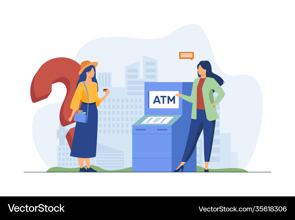 Bank worker helping customers to use atm Vector Image