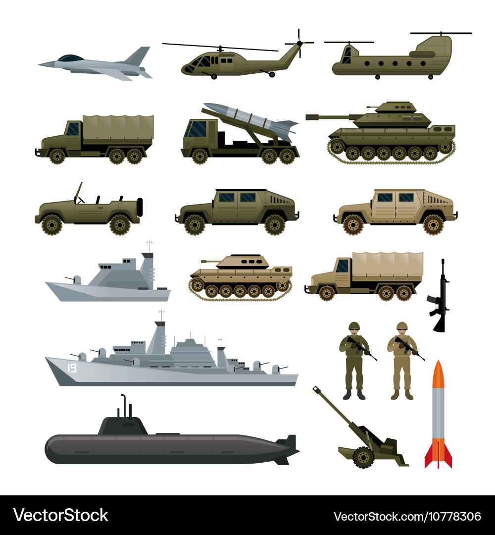 Military vehicles object set side view Royalty Free Vector
