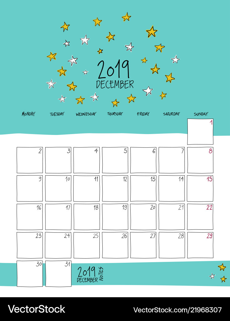 December 2019 wall calendar doodle style Vector Image