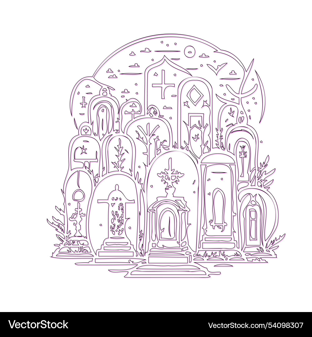 Scary graveyard outline sketch purple Royalty Free Vector