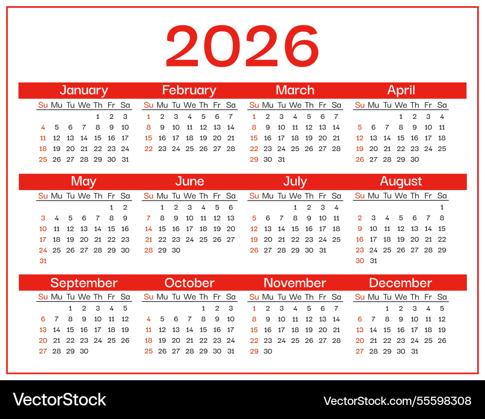 Calendar 2026 template week starts on sunday wall Vector Image