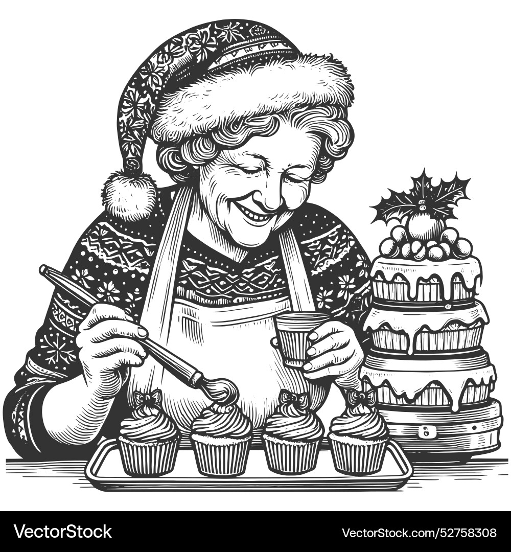Mrs claus baking christmas cupcakes Royalty Free Vector