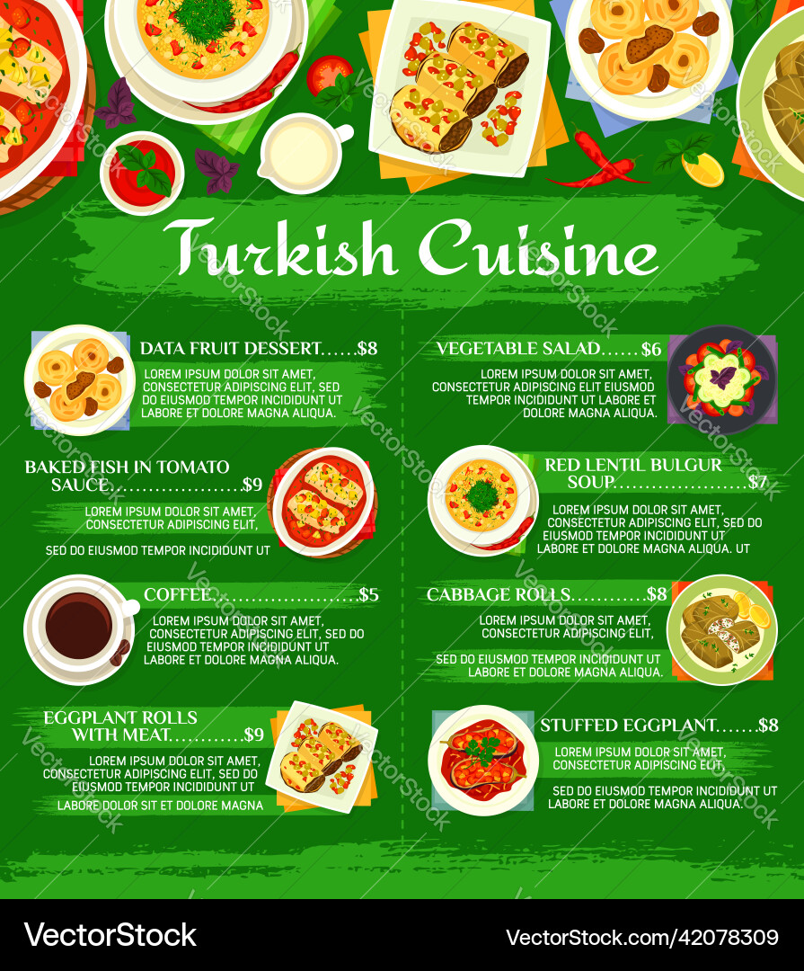 Turkish cuisine menu template turkey meals list Vector Image